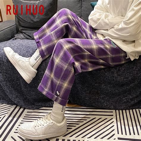 RUIHUO 캐주얼 남성 체크 무늬 바지 하라주쿠 남성 의류 보라색 체크 무늬 바지 한국 스타일 체크 바지 발목 길이 하렘 팬츠 AliExpress