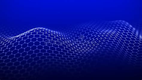 Futuristic White Wave Of Hexagonal Grid On A Blue Background The