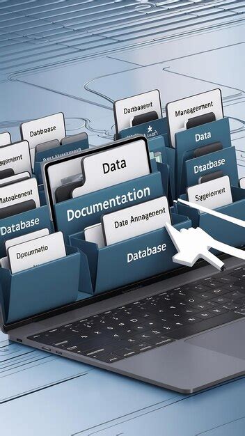 Laptop With Management Document Icons For Data Management System Concept Documentation Database