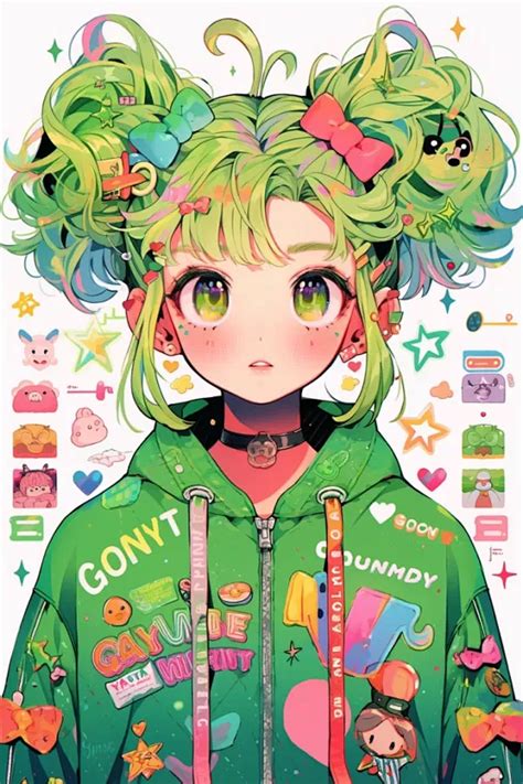 夏季绿色卡通扁平风多巴胺女孩穿搭人物插画