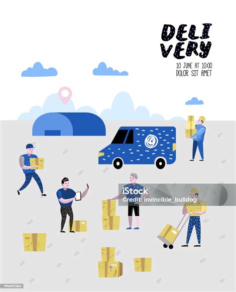 배달 서비스 화물 업계 포스터 배너입니다 택배 문자입니다 소포와 유니폼에 우편 노동자입니다 벡터 일러스트 레이 션 개념에 대한 스톡 벡터 아트 및 기타 이미지 Istock