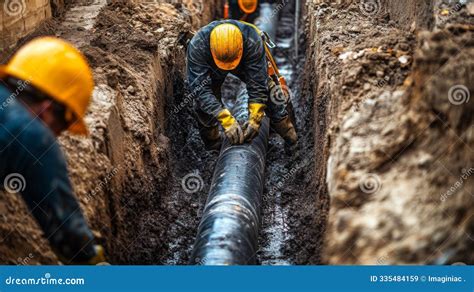 Construction Workers Installing Large Pipeline In Trench Stock Illustration Illustration Of