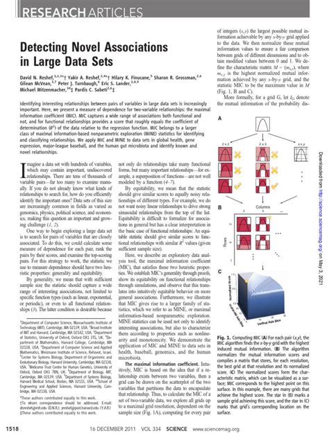 Detecting Novel Associations In Large Data Sets Mic Pdf