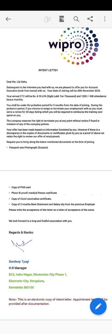lily sahu on linkedin intent letter seems to be fake wipro wipro