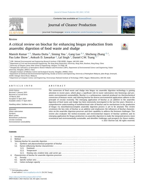 A Critical Review On Biochar For Enhancing Biogas Production From Anaerobic Digestion Of Food