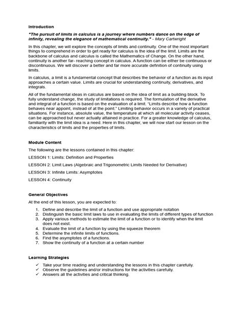 Module In Calculus Lesson 2 Limits Pdf Asymptote Limit Mathematics
