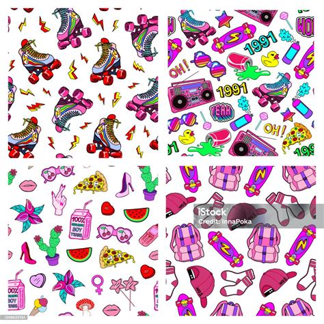다채로운 학교 휴식 요소와 재미 원활한 패턴의 집합입니다 롤러 블레이드 선글라스 스케이트 알람 시계 등 90 년대 스타일의 패치와 재미 아이의 레저 게임 배경 0명에 대한