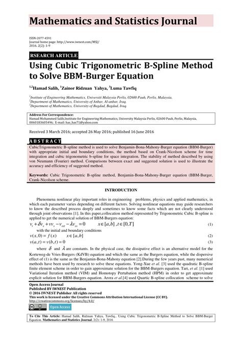 Pdf Using Cubic Trigonometric B Spline Method To Solve Bbm Burger