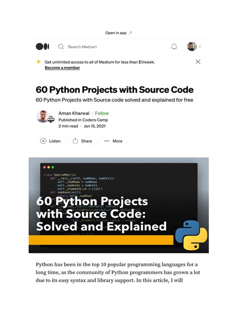60 Python Projects With Source Code By Aman Kharwal Coders Camp Medium Pdf