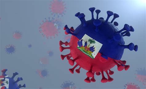 아이티 국기 인쇄 델타 람다 플러스 변형 3d 렌더와 아이티 플래그 코로나 바이러스의 패턴과 코비드19 바이러스 3차원 형태에