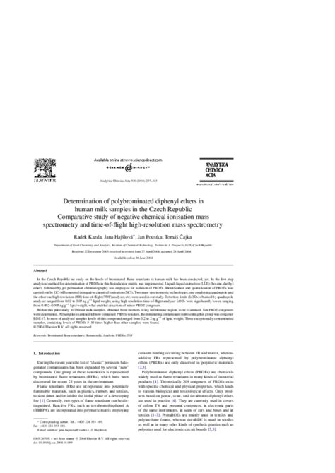 Pdf Determination Of Polybrominated Diphenyl Ethers In Human Milk Samples In The Czech