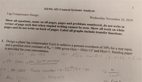 Solved Eeng 431 Control Systems Analysis Lag Compensator
