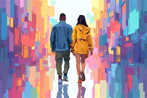 Couple Holding Hands Walking Through Neon Lit Street Stock Illustration