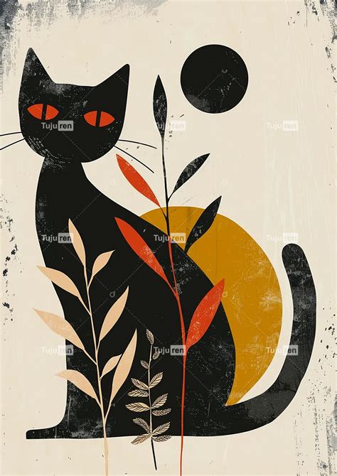 猫极简主义简单线条平淡的色彩极简主义。希腊艺术画波西米海报素材模板下载 图巨人