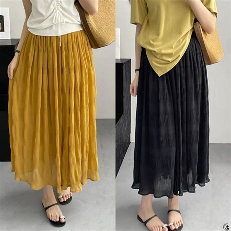 하이웨스트 핀턱 플리츠 주름 롱 스커트 옐로우 블랙