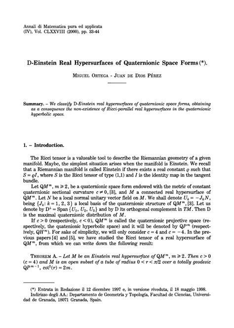 Pdf D Einstein Real Hypersurfaces Of Quaternionic Space Forms