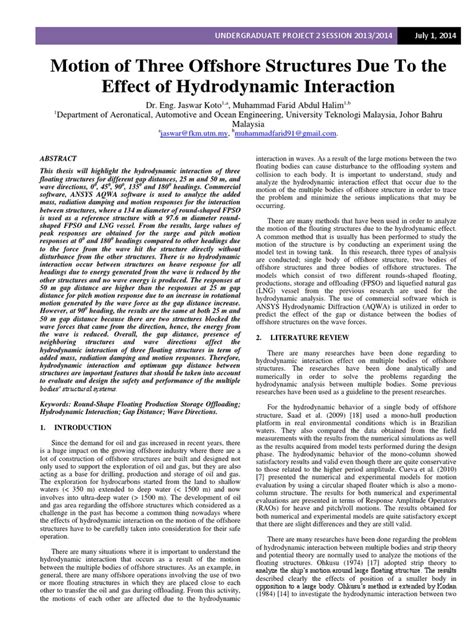 Motion Of Three Offshore Structures Due To The Effect Of Hydrodynamic Interaction Pdf Pitch