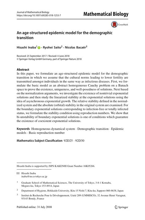 Pdf An Age Structured Epidemic Model For The Demographic Transition