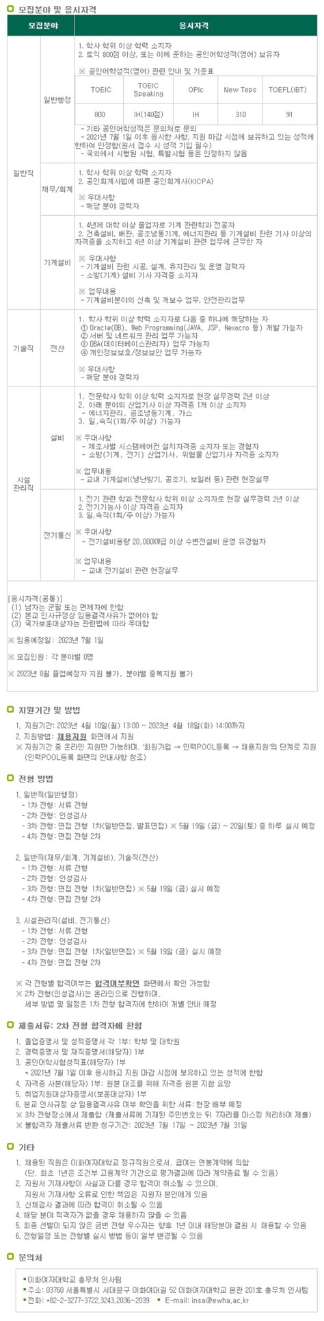 이화여자대학교 일반직기술직시설관리직 신입 및 경력 채용 공모전 대외활동 링커리어
