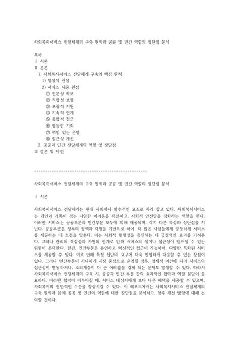 사회복지서비스 전달체계의 구축 원칙과 공공 및 민간 역할의 장단점 분석 사회과학