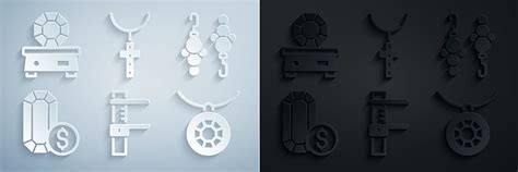 캘리퍼 또는 캘리퍼 와 스케일 귀걸이 보석 온라인 쇼핑 펜던트 목걸이 기독교 크로스 체인과 보석 돌 아이콘을 설정합니다 벡터 3차원 형태에 대한 스톡 벡터 아트 및 기타