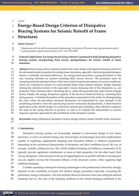 Pdf Energy Based Design Criterion Of Dissipative Bracing Systems For Seismic Retrofit Of Frame