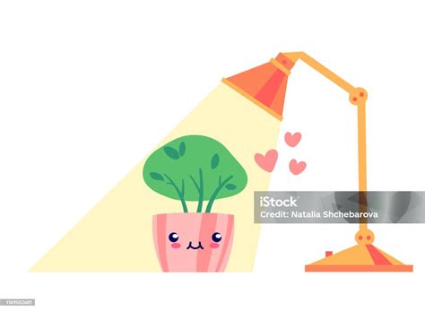 가와이이 가와이 화분 은 램프 빛 아래 플랫 스타일 귀여운 인사말 카드 나 포스터 또는 인테리어 요소 가정 장식 식물 관리