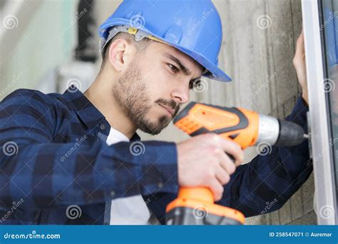 Man Drilling Cordless Drill Stock Image Image Of Helmet Screwdriver