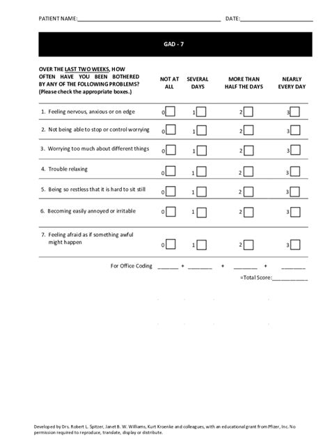 Gad 7 Anxiety Assessment Form Blank Fillable Template Fill Out
