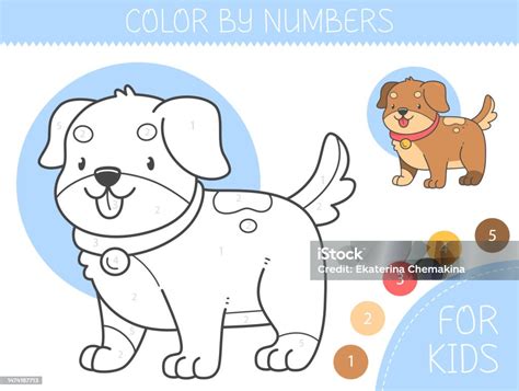 강아지와 함께 아이들을 위한 숫자 색칠 공부 페이지 색칠하기 위한 예가 있는 귀여운 만화 강아지와 함께 색칠하기 책 흑백 및