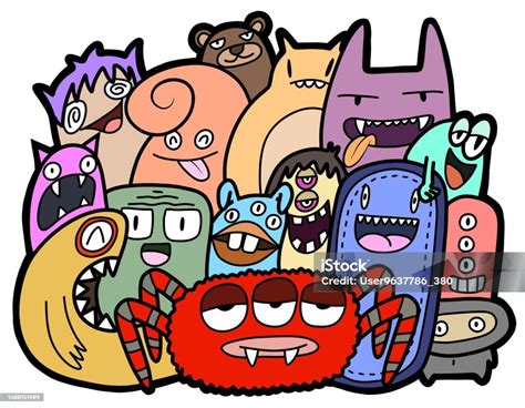 손으로 그린 일러스트레이션 몬스터 낙서 손으로 그린 만화 괴물 일러스트레이션 만화 군중 낙서 손으로 그린 낙서 스타일 경기 조추첨에 대한 스톡 벡터 아트 및 기타 이미지