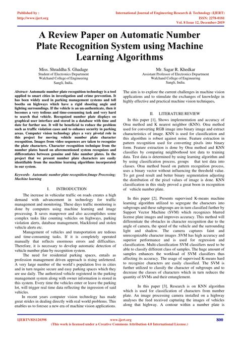 Pdf A Review Paper On Automatic Number Plate Recognition System Using Machine Learning Algorithms