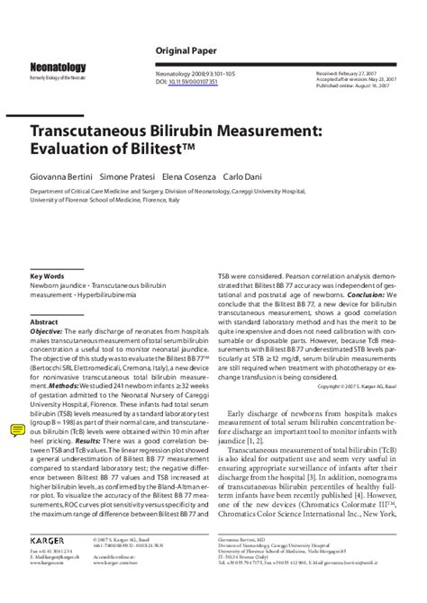 Pdf Transcutaneous Bilirubin Measurement Evaluation Of Bilitest™