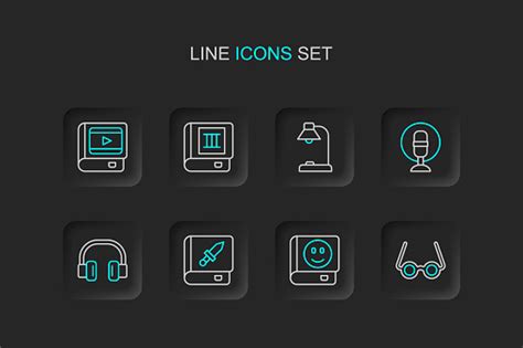 라인 안경 책 무기 정보 헤드폰 마이크 테이블 램프 및 시네마 아이콘을 설정합니다 벡터 가구에 대한 스톡 벡터 아트 및 기타 이미지 Istock