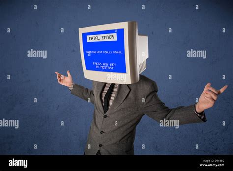 Person With A Monitor Head And Fatal Error Blue Screen On The Display