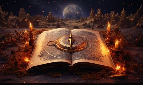 Fantasy Moon Background With An Ancient Magic Book Showing A Map With A Compass That Leads To A