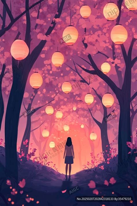 Ai创作图花灯节插画 熄灯日插画 樱花树下的少女 唯美风插画 唯美意境插画 插画夕阳下 春之风影治愈系小插画 灯光下的插画 花灯插画 插画背影