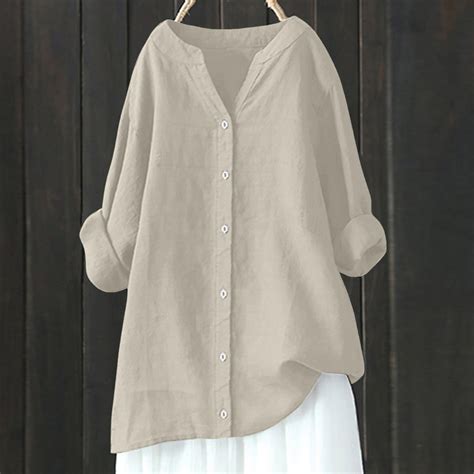 Pstuiky Summer Tops Plus Size Gradient Print V Neck Womens Linen Shirt