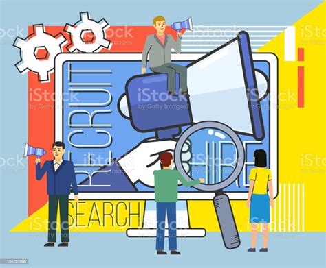 사람들은 큰 화면 근처에 서 손에 스피커를 보유 하 고 있습니다 신규 직원 채용 공석을 검색 합니다 소셜 미디어 웹 페이지 배너 프리 젠 테이 션을 위한 포스터 개념에 대한