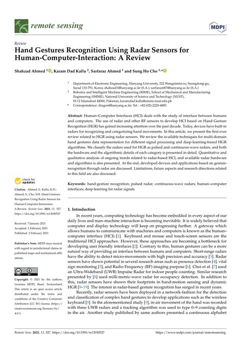 Pdf Hand Gestures Recognition Using Radar Sensors For Human Computer Interaction A Review