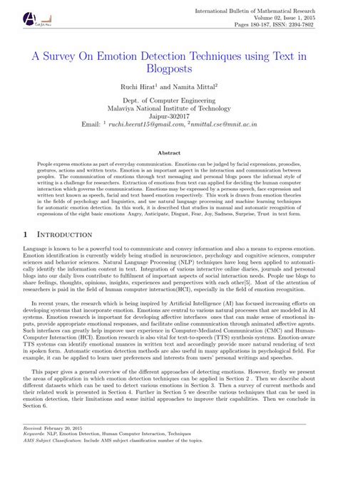 Pdf A Survey On Emotion Detection Techniques Using Text In · Pdf