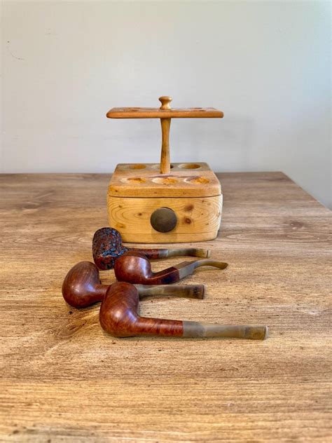 Vintage Tobacco Wooden Pipe Rack Stand With Drawer And Four Pipes