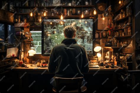 Premium Photo Man Sitting At Desk Working On Computer