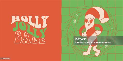 빈티지 크리스마스 듀오톤 카드 줄무늬 사탕 지팡이의 60 년대 복고풍 만화 캐릭터입니다 Groovy Quote Holly Jolly Babe For Advent 화환 달력
