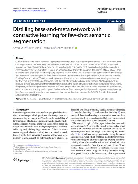 Pdf Distilling Base And Meta Network With Contrastive Learning For Few Shot Semantic Segmentation