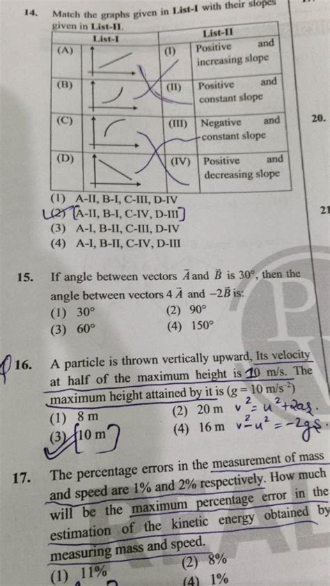 Match The Graphs Given In List I With Their Slopes Given In List Ii