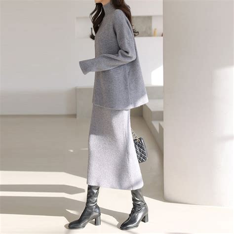 포스티 스타일온미 엘레프 반하이넥 롱 니트 스커트 투피스 세트