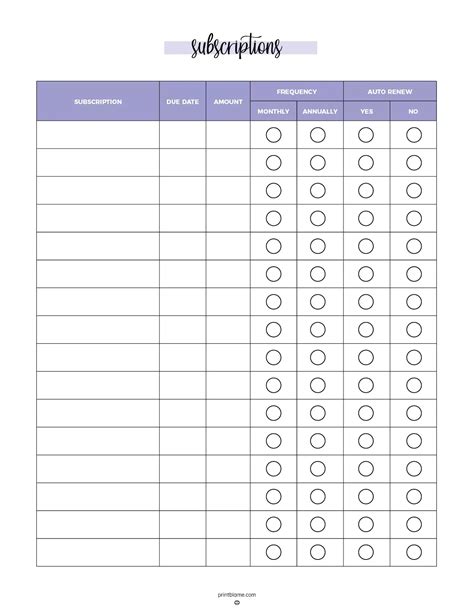 Subscriptions Tracker Printable Personal Finance Printables