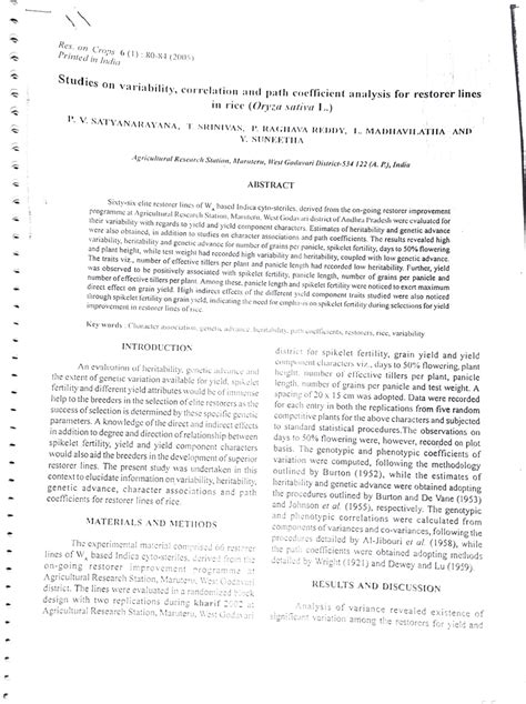 Pdf Variability Correlation And Path Coefficient Analysis For Restorer Lines In Rice Oryza