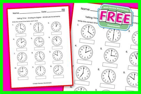 Telling Time Analog To Digital 60 Minute Increments Math Review